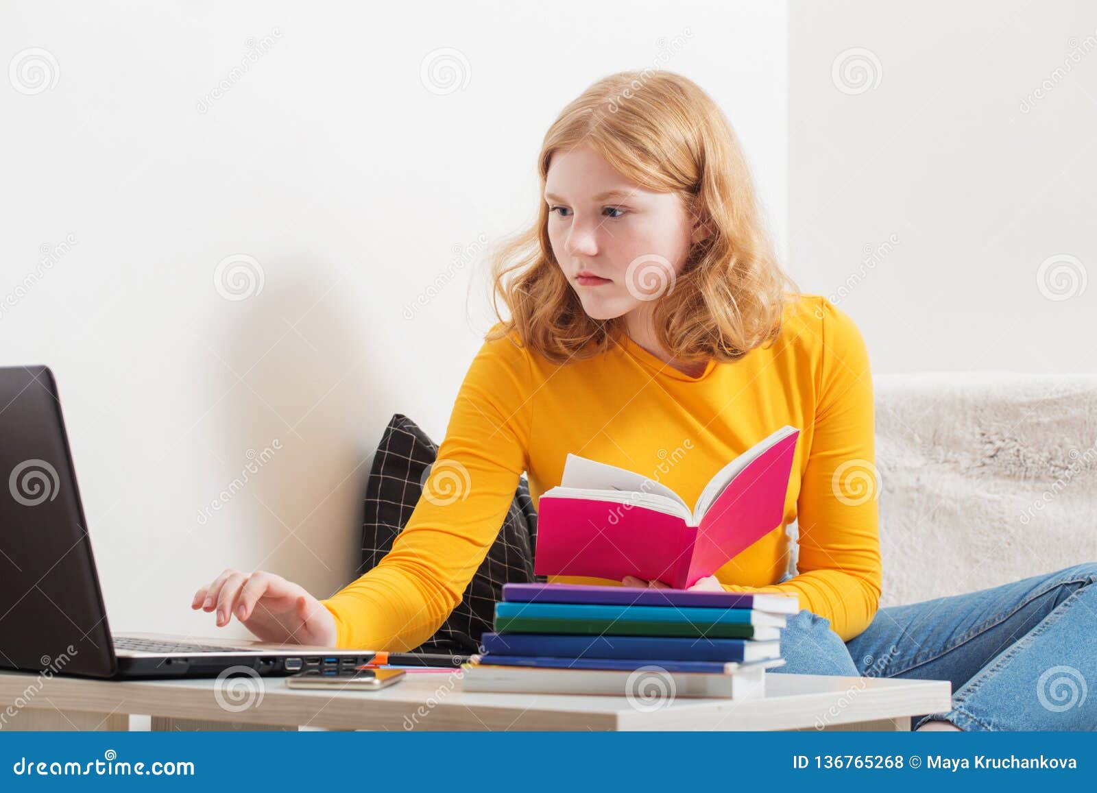 Teen Girl Studying and Learning with Notebook at Home. Stock Photo ...