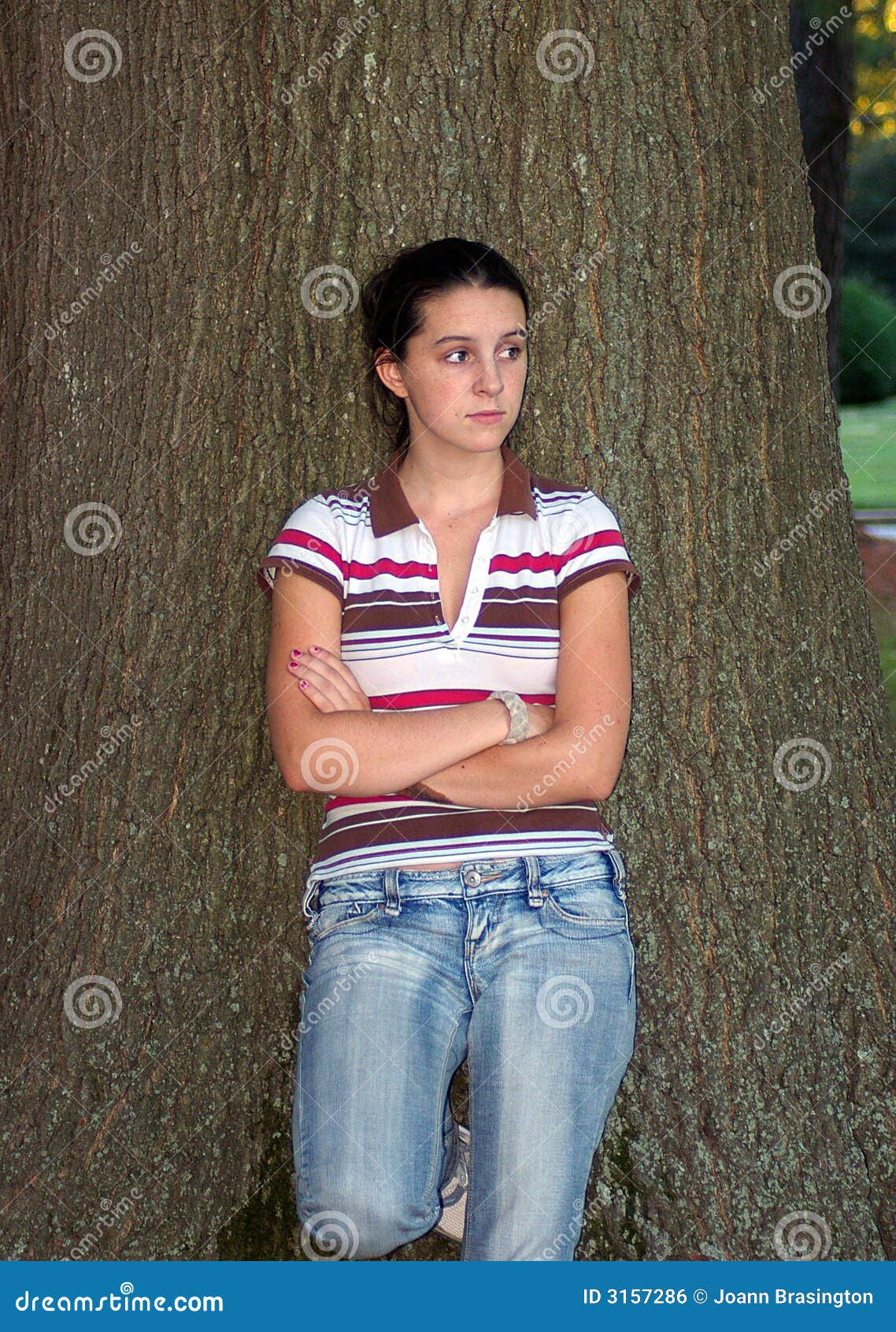 Teen girl and tree stock photo. Image of leans, expression - 3157286
