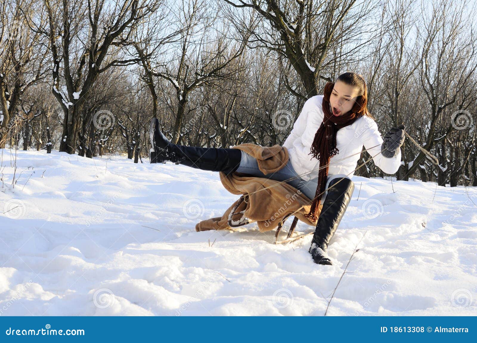 Teen Having Accident with Sledge Stock Photo - Image of women, pretty ...