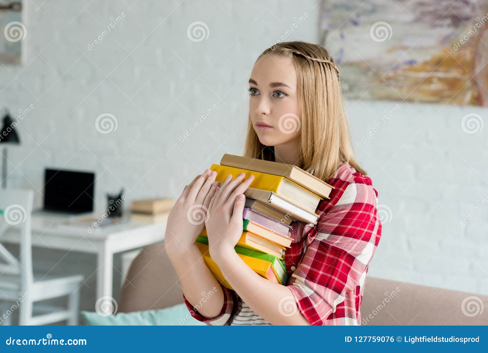 Teen Student Girl with Stack of Books Stock Photo - Image of ...