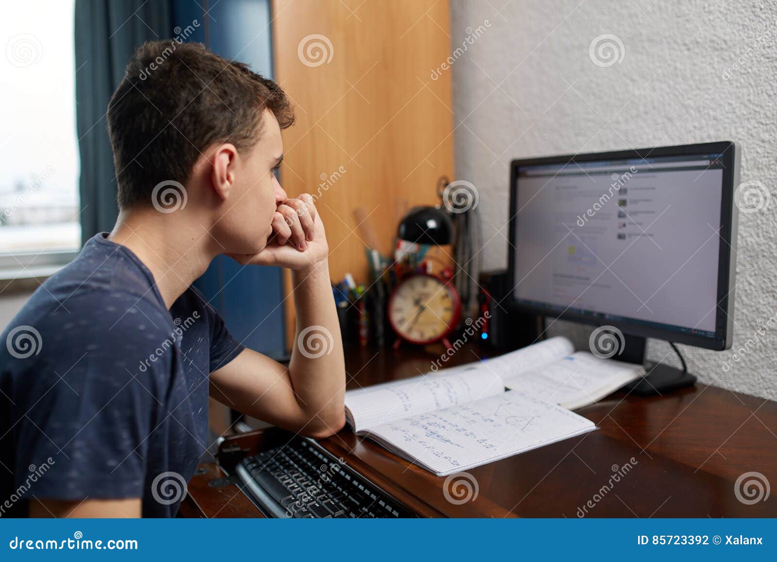 Teenager Doing Homework with Computer Stock Photo - Image of happy ...