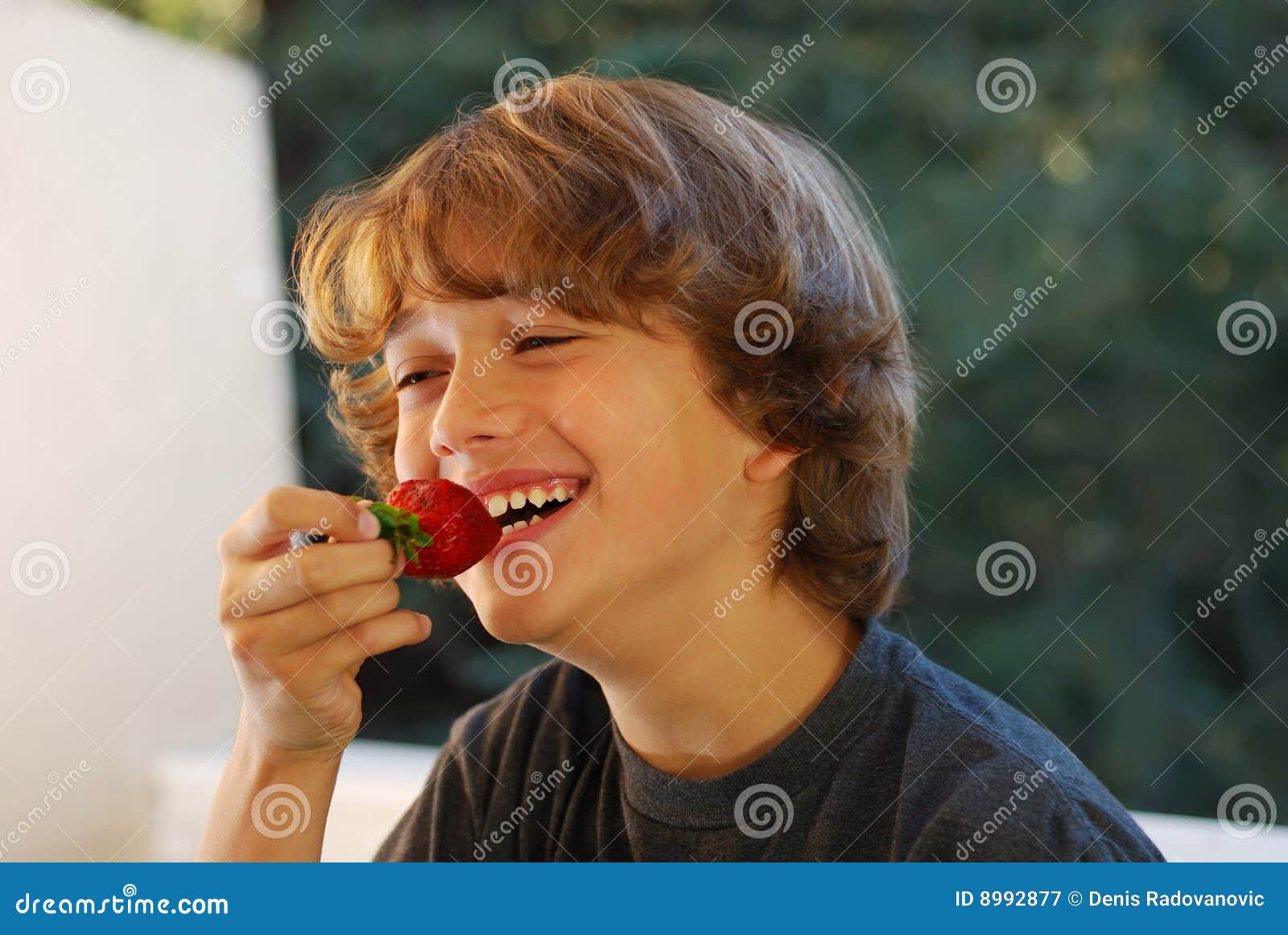 Teenage Boy Eating Strawberry Stock Image - Image of smiling, male: 8992877