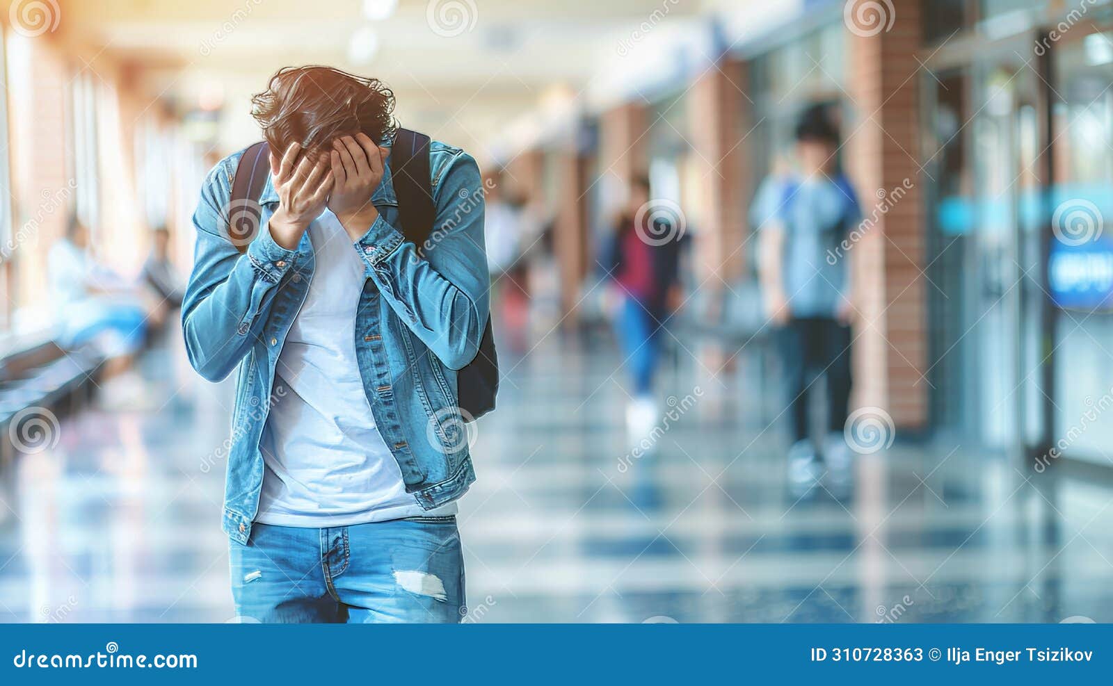 Teenage Boy with Learning Difficulties Crying in School Corridor ...
