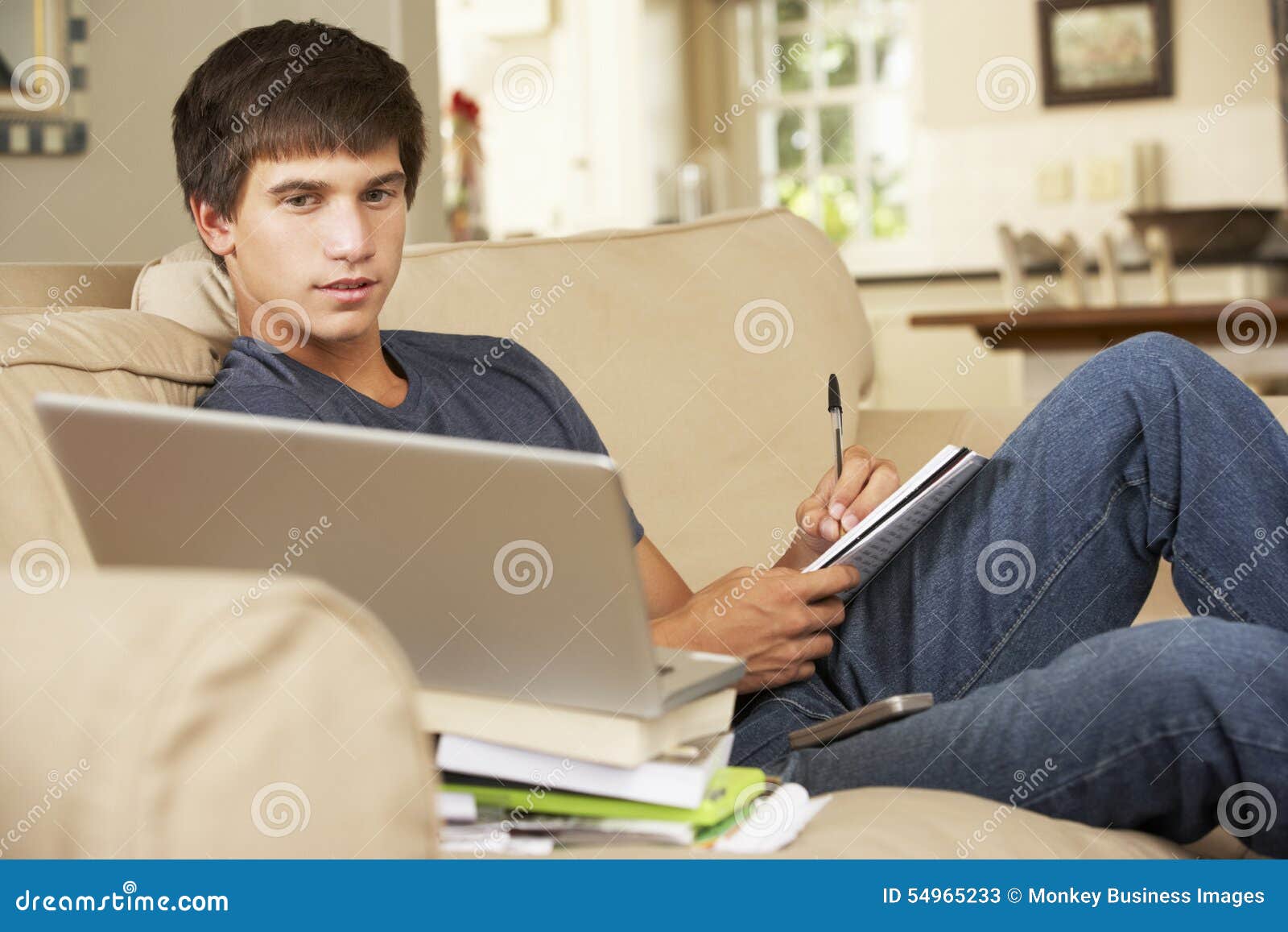 Teenage Boy Sitting on Sofa at Home Doing Homework Using Laptop ...