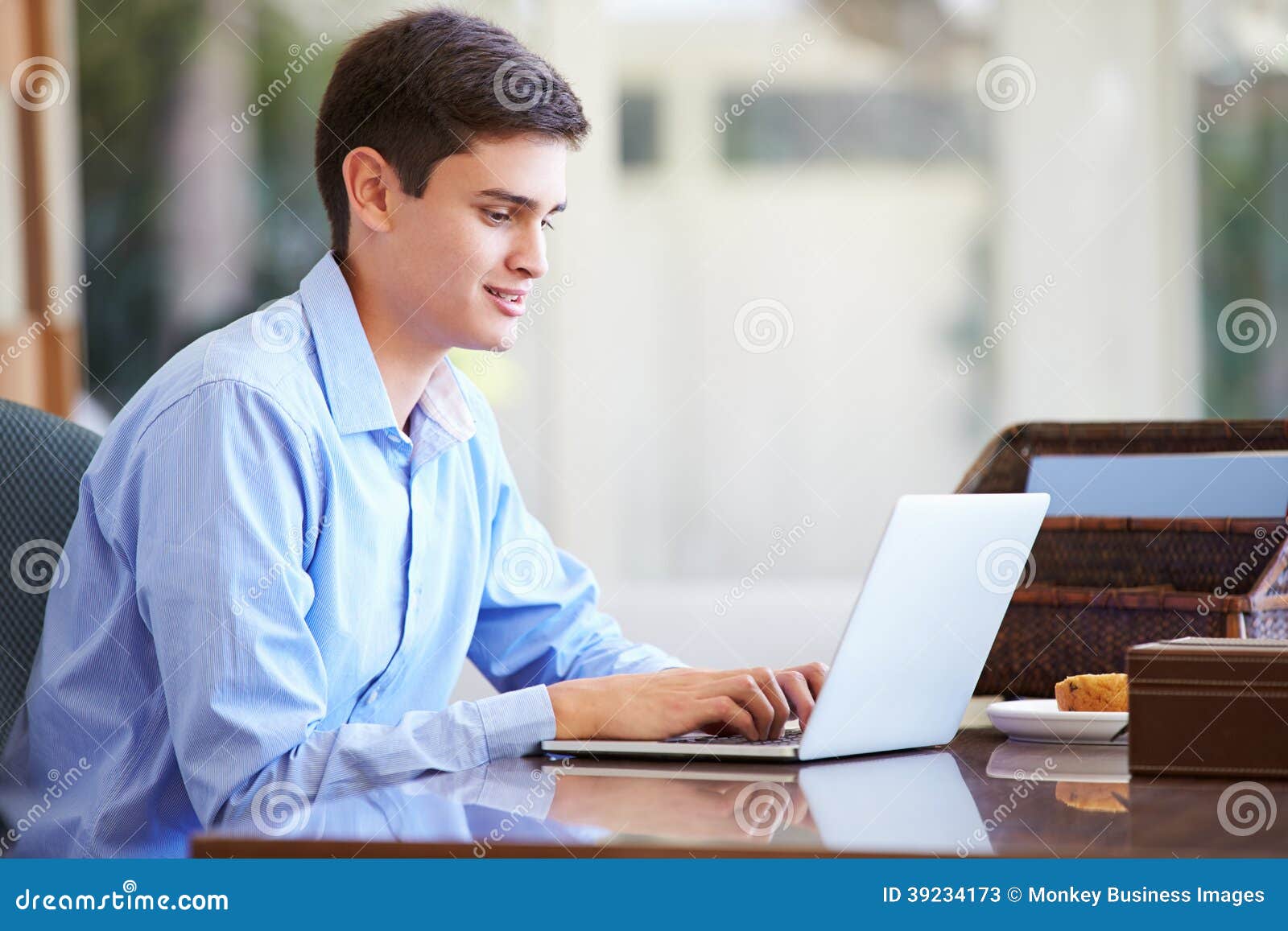 Teenage Boy Using Laptop on Desk at Home Stock Image - Image of people ...