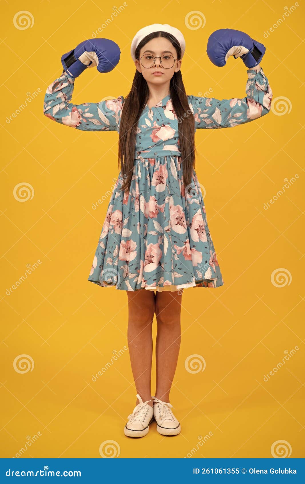 Teenage Fun Boxer Girl In Boxing Gloves On Yellow Background Funny Girl Boxer In Fun Gloves