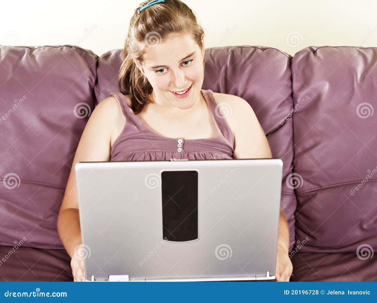Teenage Girl and Her Computer Stock Photo - Image of long, posing: 20196728