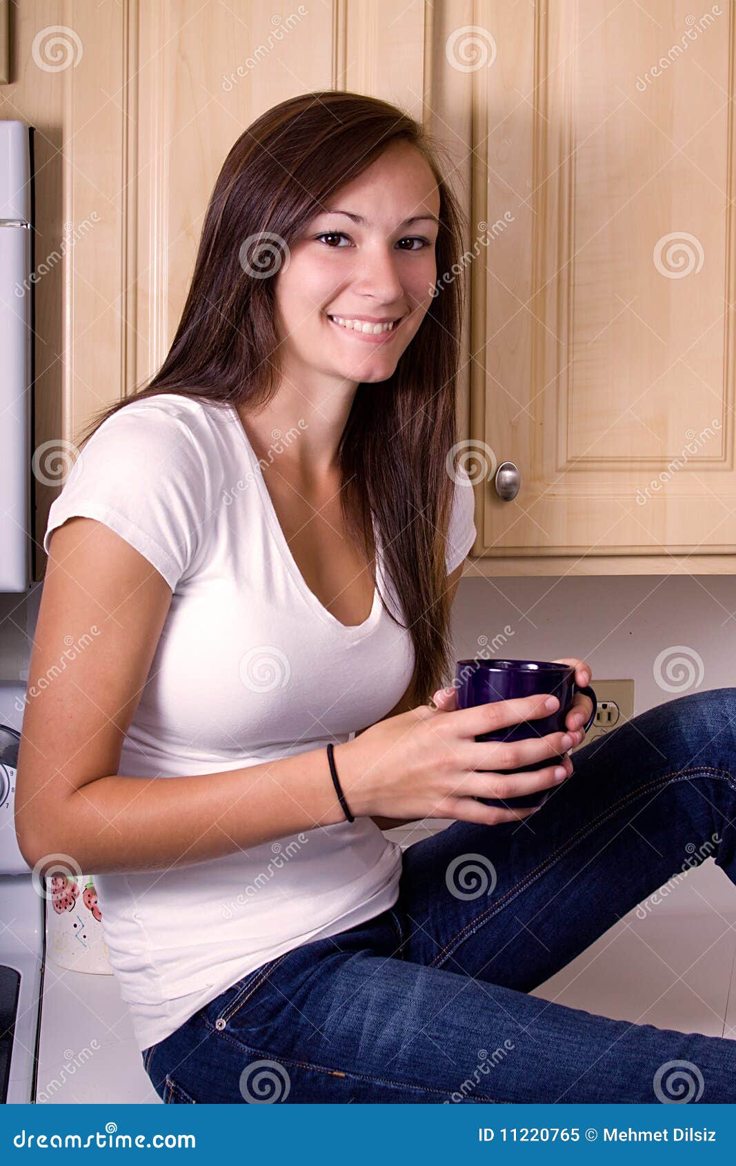 Teenage Girl in the Kitchen Stock Image - Image of sitting, technology ...