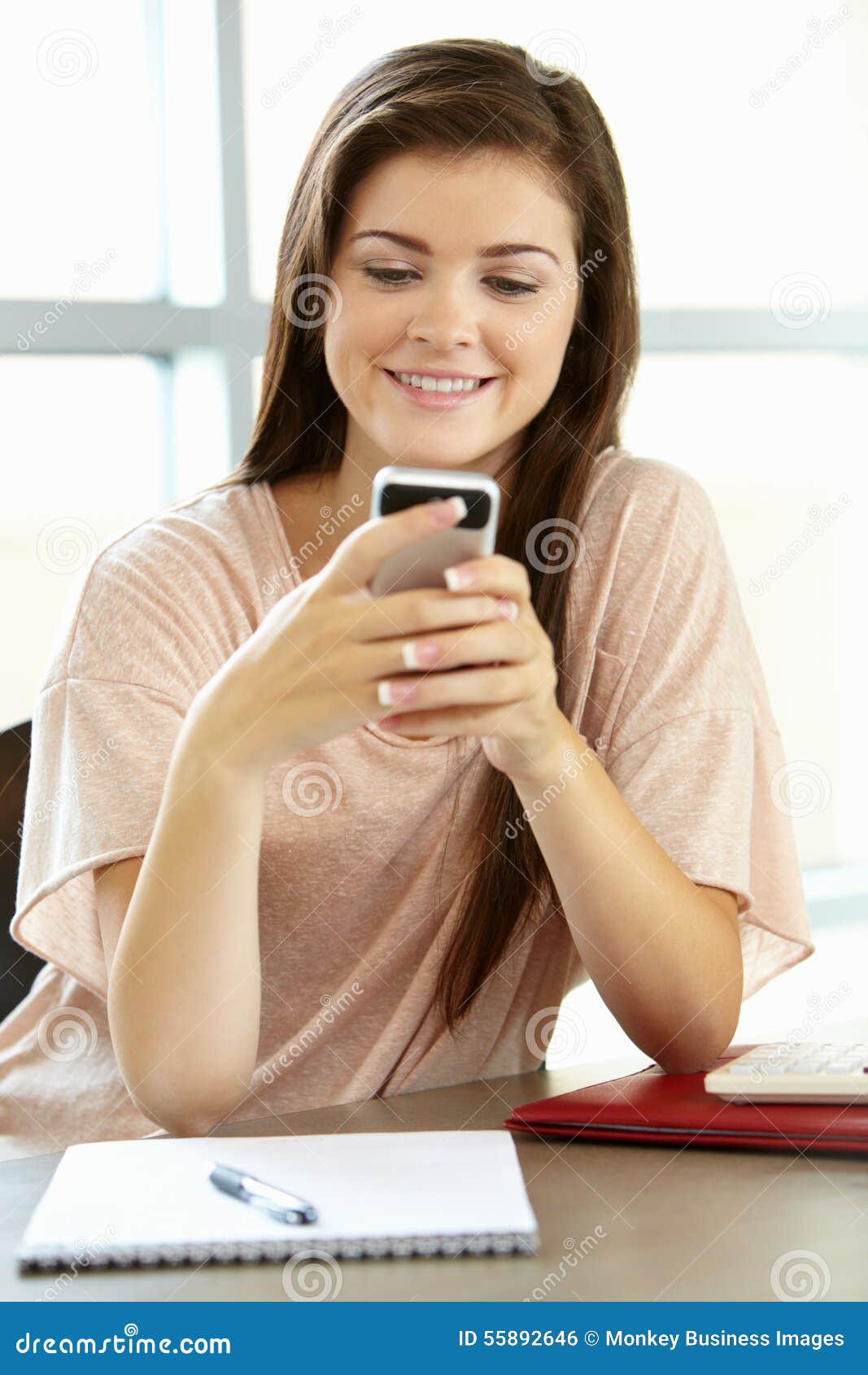 Teenage Girl with Phone in Class Stock Photo - Image of happy ...