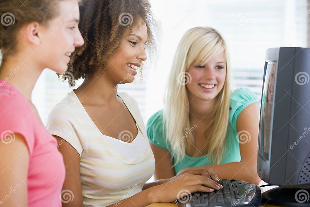 Teenage Girls Using Desktop Computer Stock Image - Image of enjoying ...