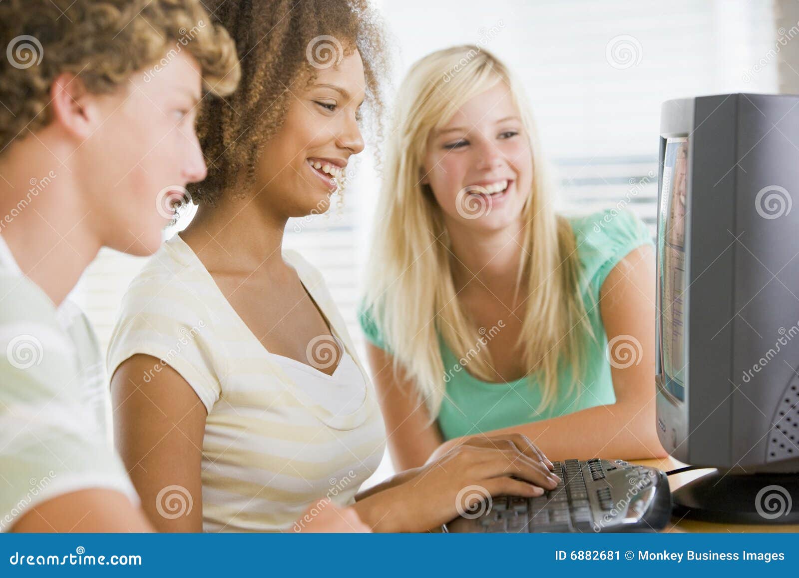 Teenage Girls Using Desktop Computer Stock Image - Image of smiling ...