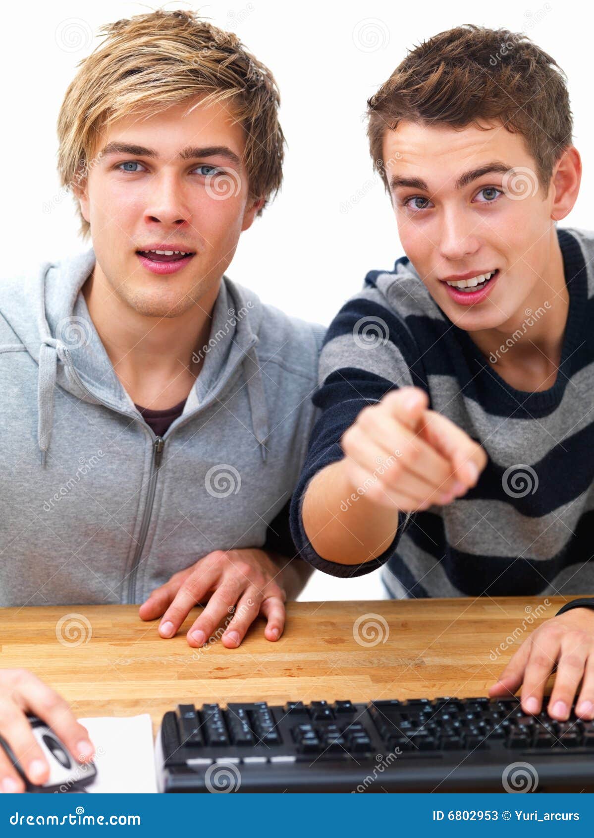 Teenage Guys Pointing at Computer Screen Stock Image - Image of black ...