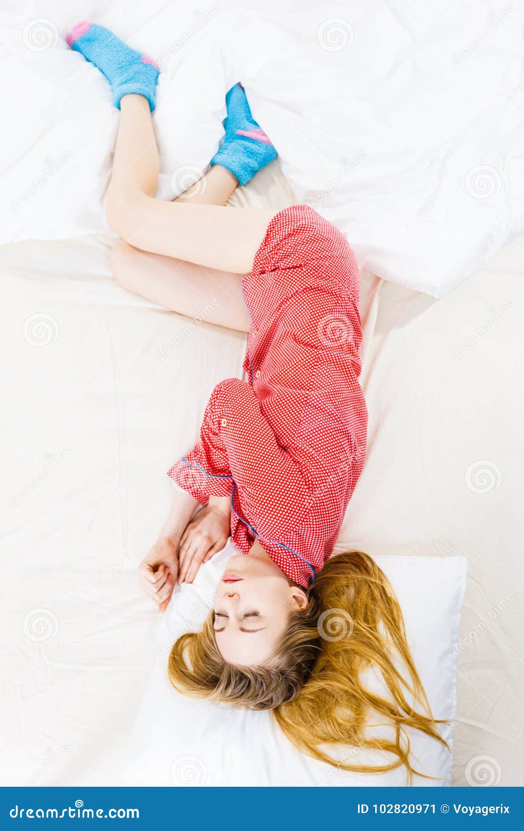 Young Woman Lying On Bed Wearing Pajamas Stock Image Image Of Closed