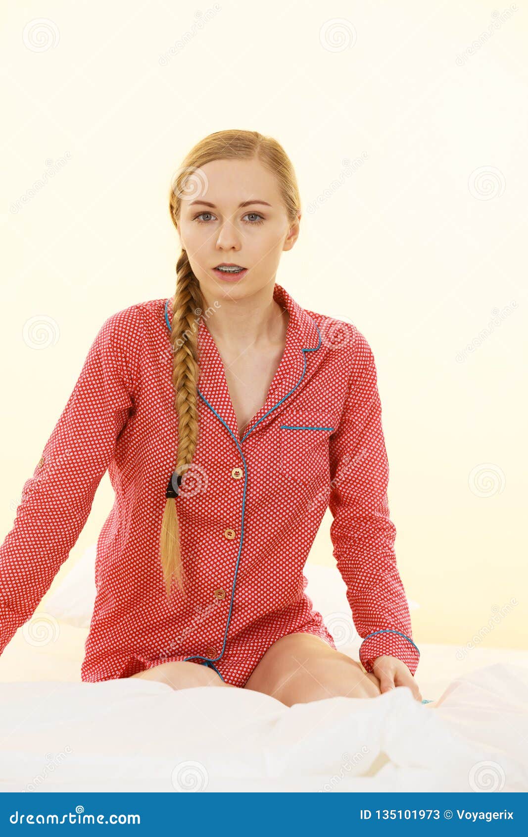 Young Woman Lying On Bed Wearing Pajamas Stock Image Image Of Pink