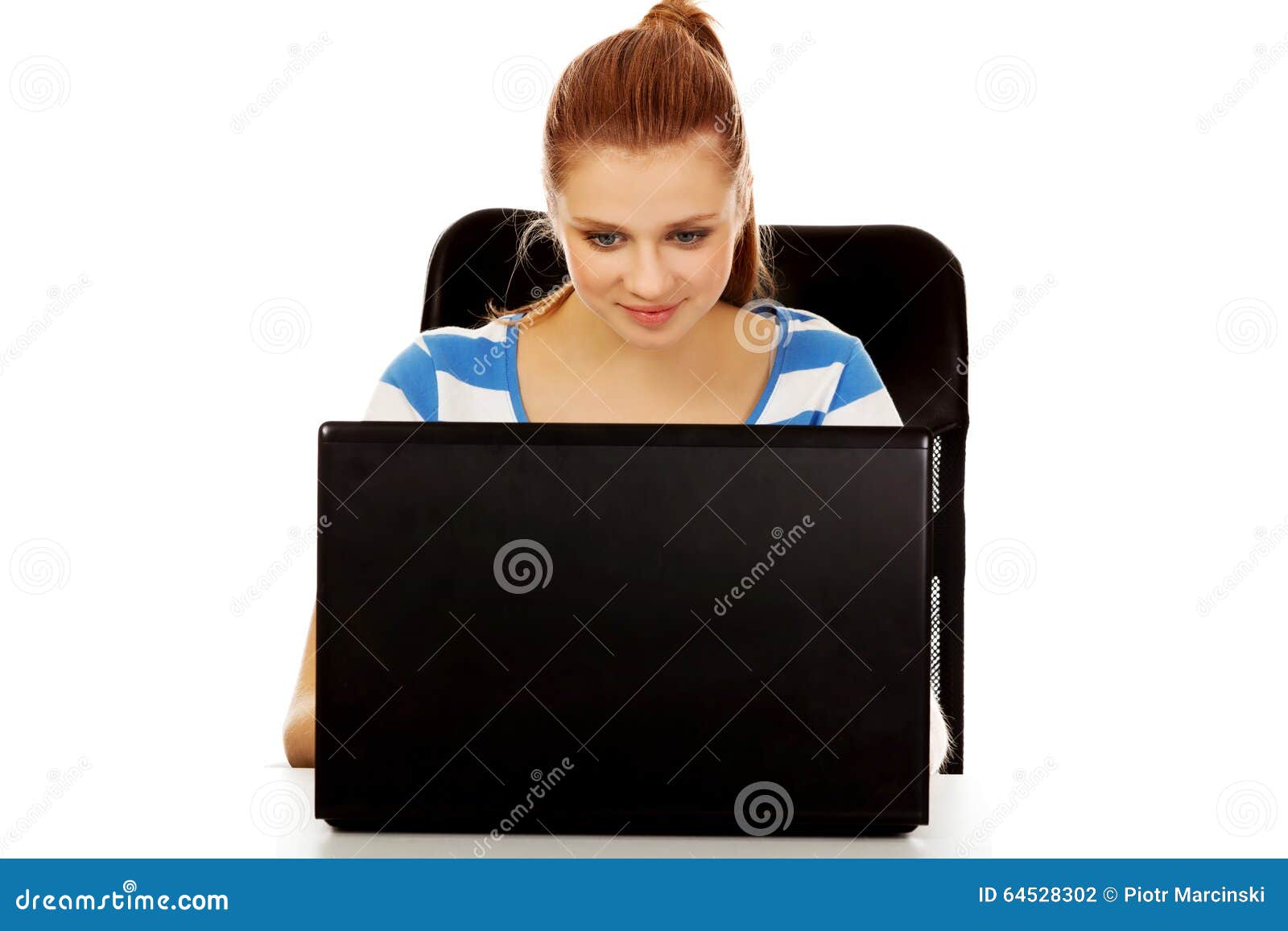 Teenage Smiling Woman Using Laptop Stock Photo - Image of laptop, long ...