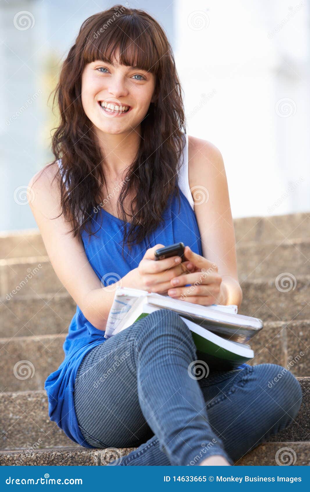 Teenage Student Sitting on College Steps Stock Image - Image of phone ...