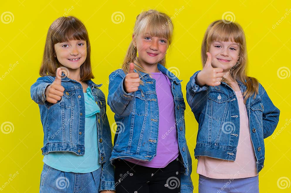 Teenage Three Girls Raises Thumbs Up Agrees Gives Positive Reply Like