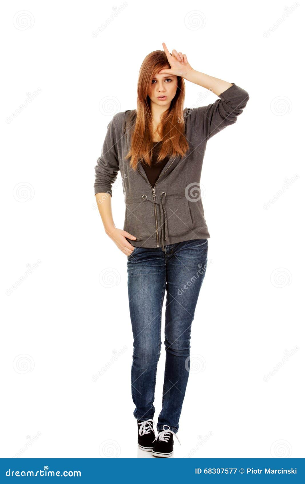 Teenage Woman Makes Loser Sign on Her Forehead Stock Image - Image of ...