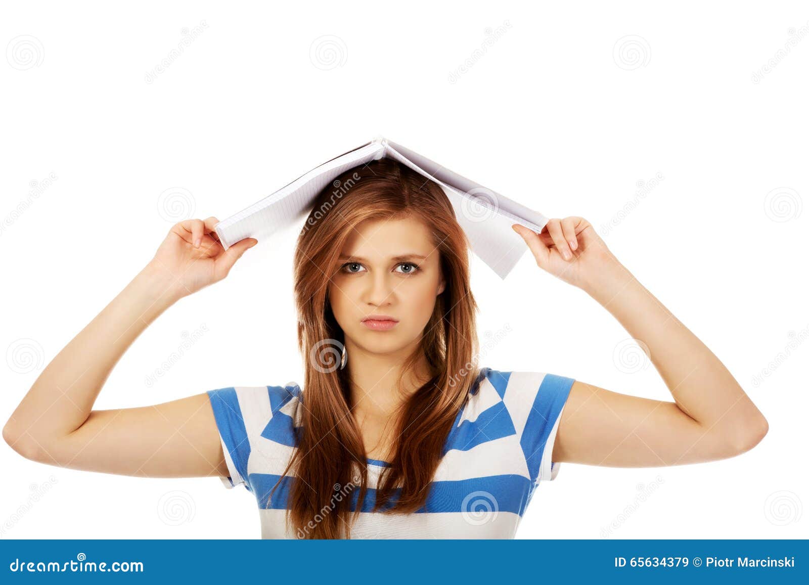 Teenage Woman with Notebook on Head Stock Image - Image of book ...