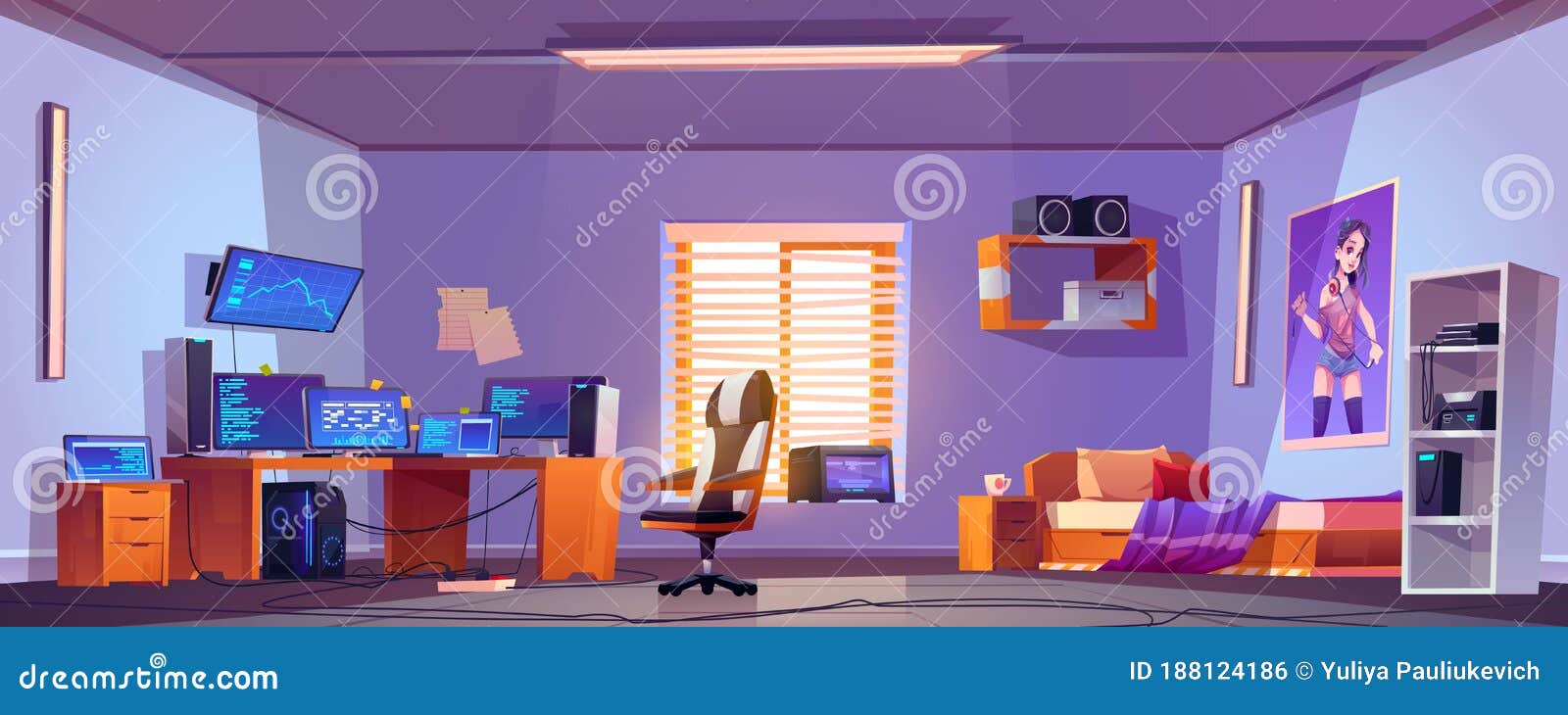 Teenager Boy Bedroom Interior, Computers on Desk Stock Vector ...