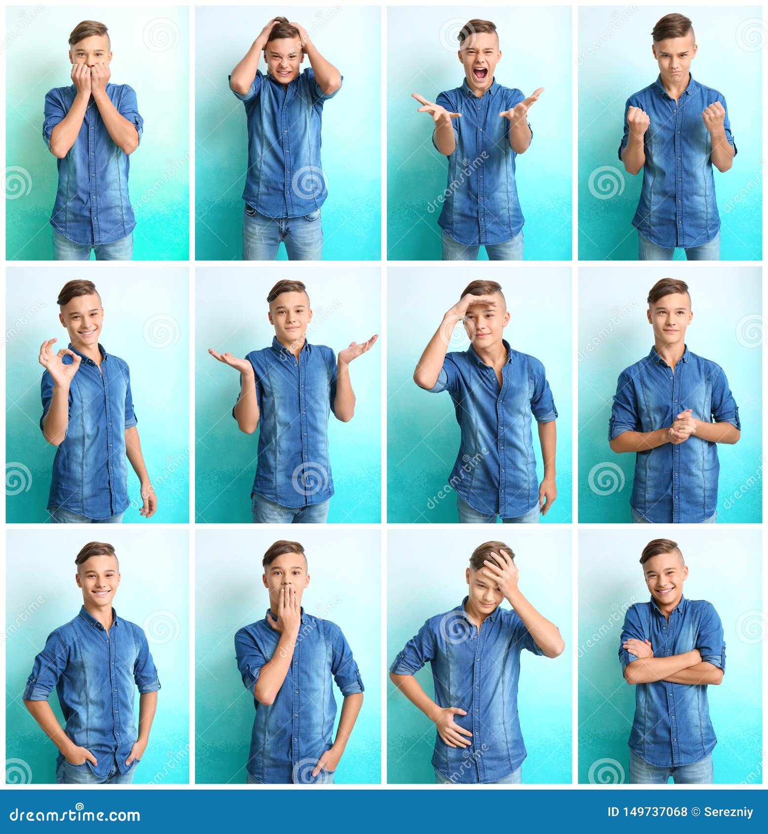 Teenager Boy with Different Emotions on Color Background Stock Photo ...
