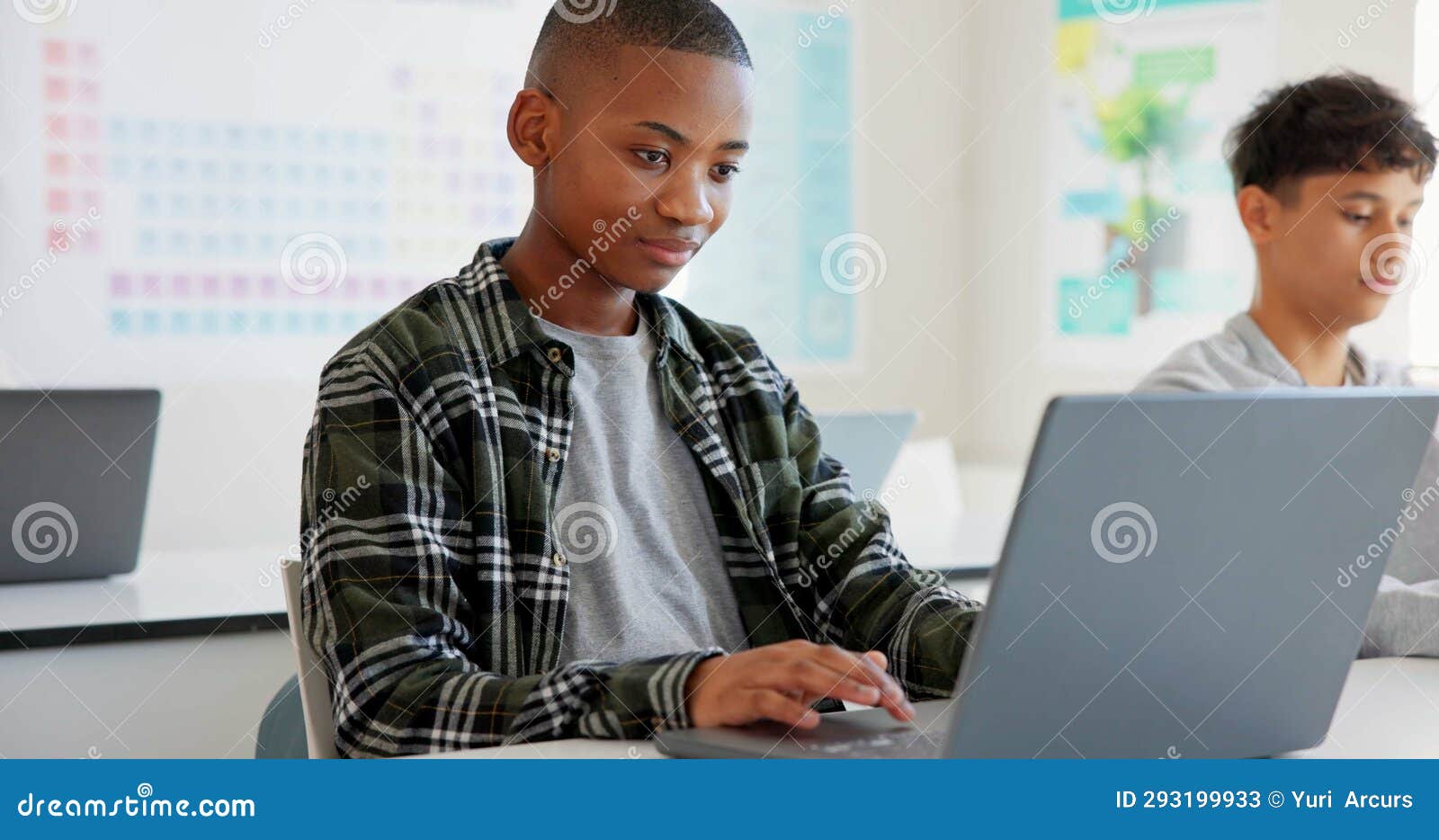 Teenager Child, Laptop and Education at School with Research, Coding or ...