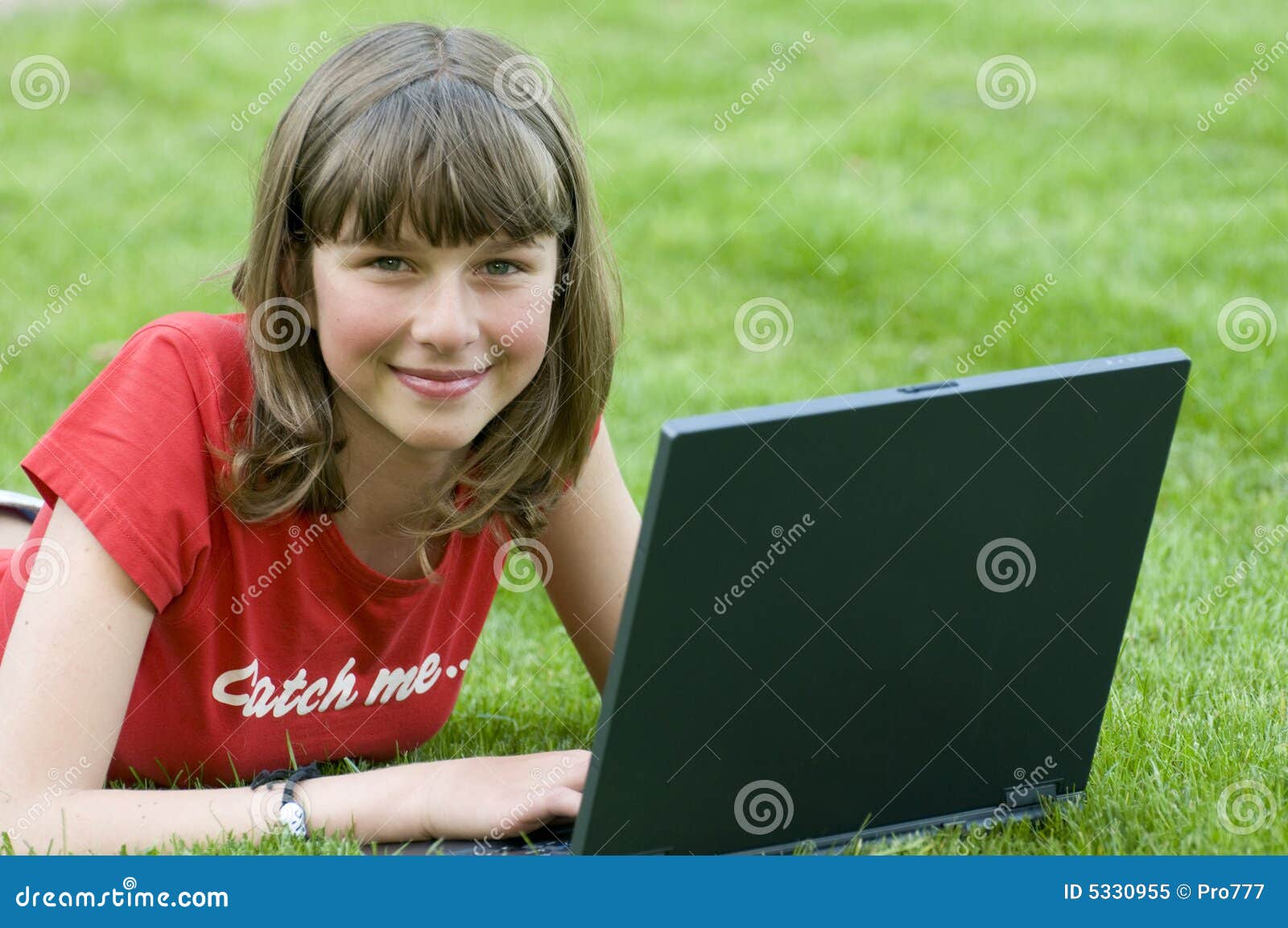 Teenager with Computer on the Grass Stock Image - Image of hair, girl ...