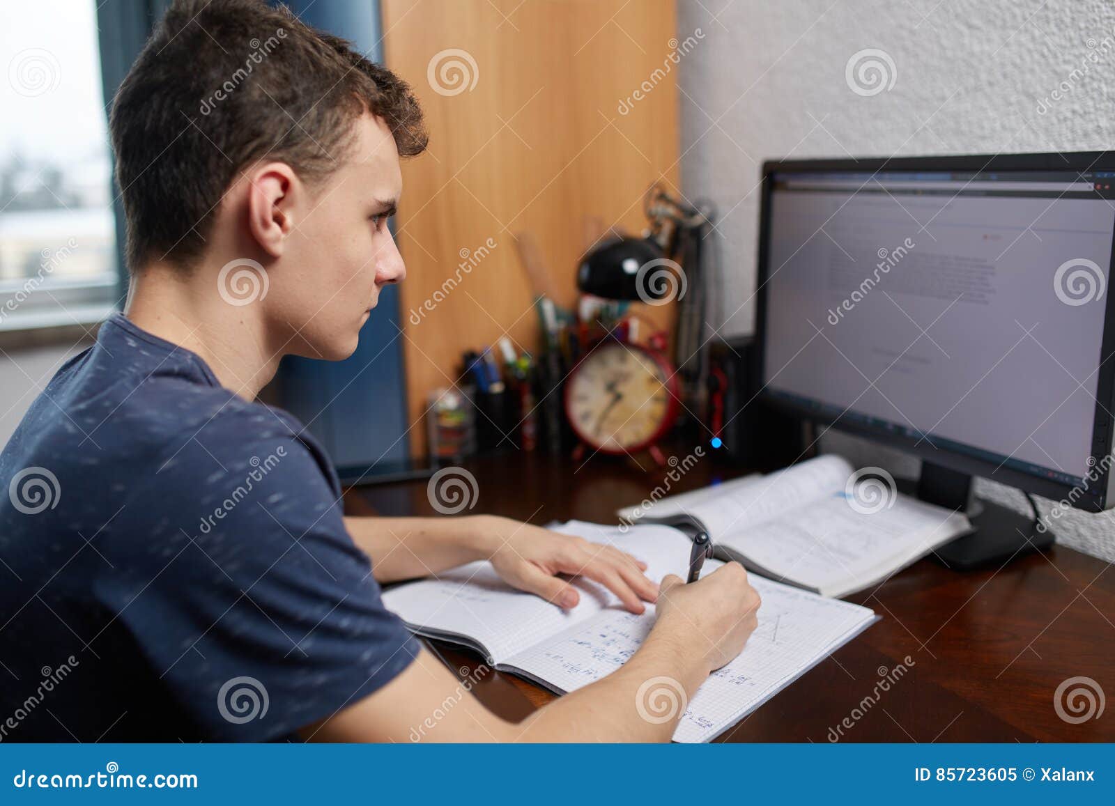 Teenager Doing Homework with Computer Stock Image - Image of ...