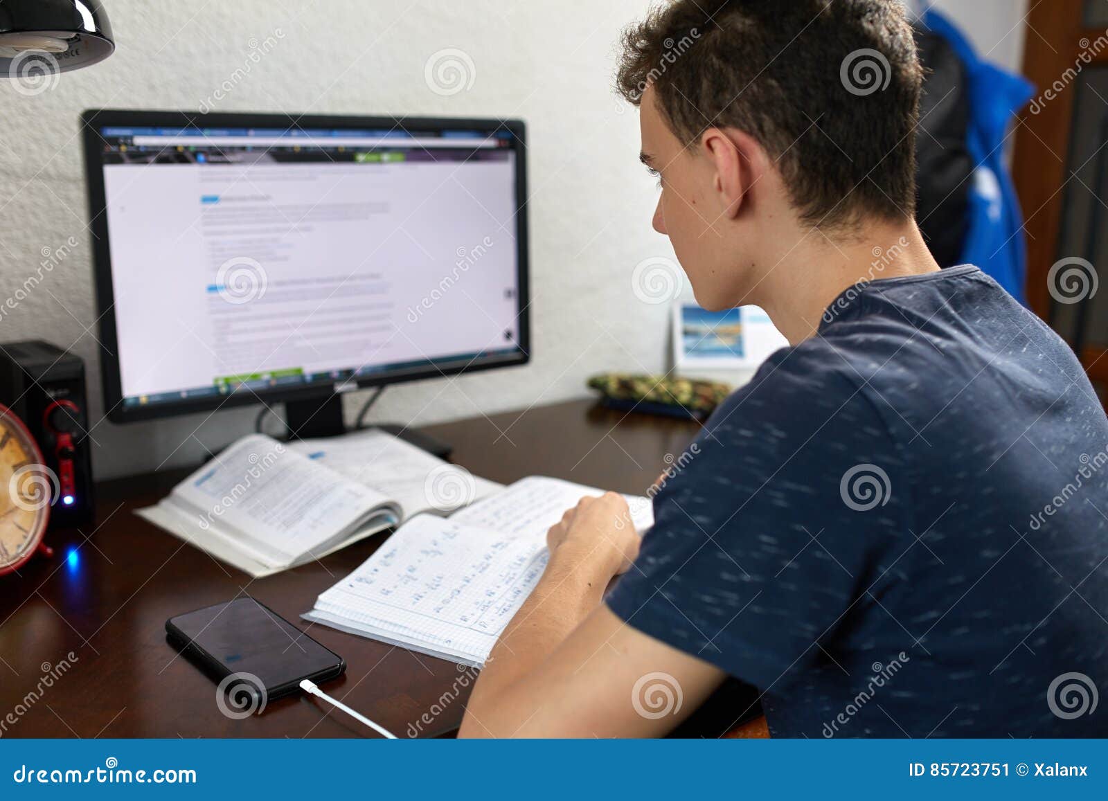 Teenager Doing Homework with Computer Stock Image - Image of school ...
