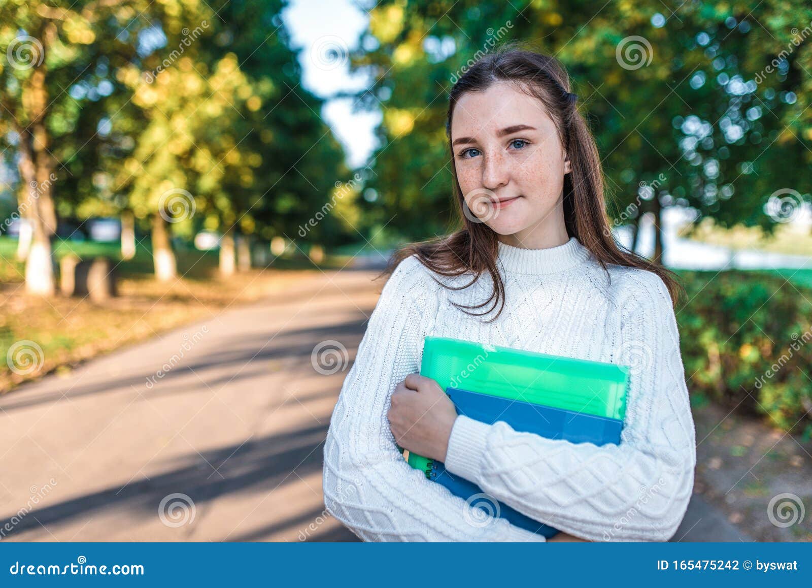 Teenager Girl 14 Years Old Autumn Day Summer City, Hands Notebooks ... Teenager Girl 14 Years Old Autumn Day Summer City, Hands Notebooks ...