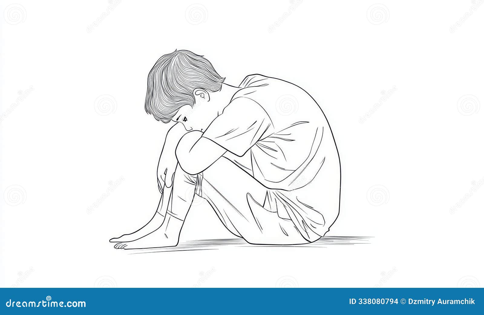 Teenager Sitting Alone, Sad. One Line Drawing Stock Illustration ...