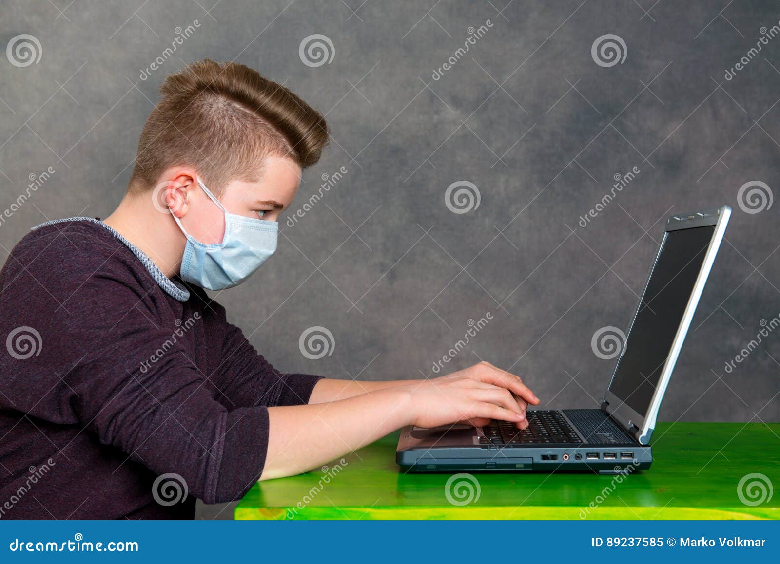 Teenager with Surgical Mask Protect Computer from Virus Stock Image ...