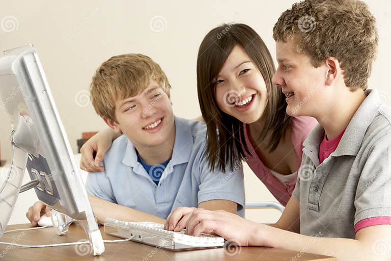 Teenagers on Computer at Home Stock Image - Image of homework, color ...
