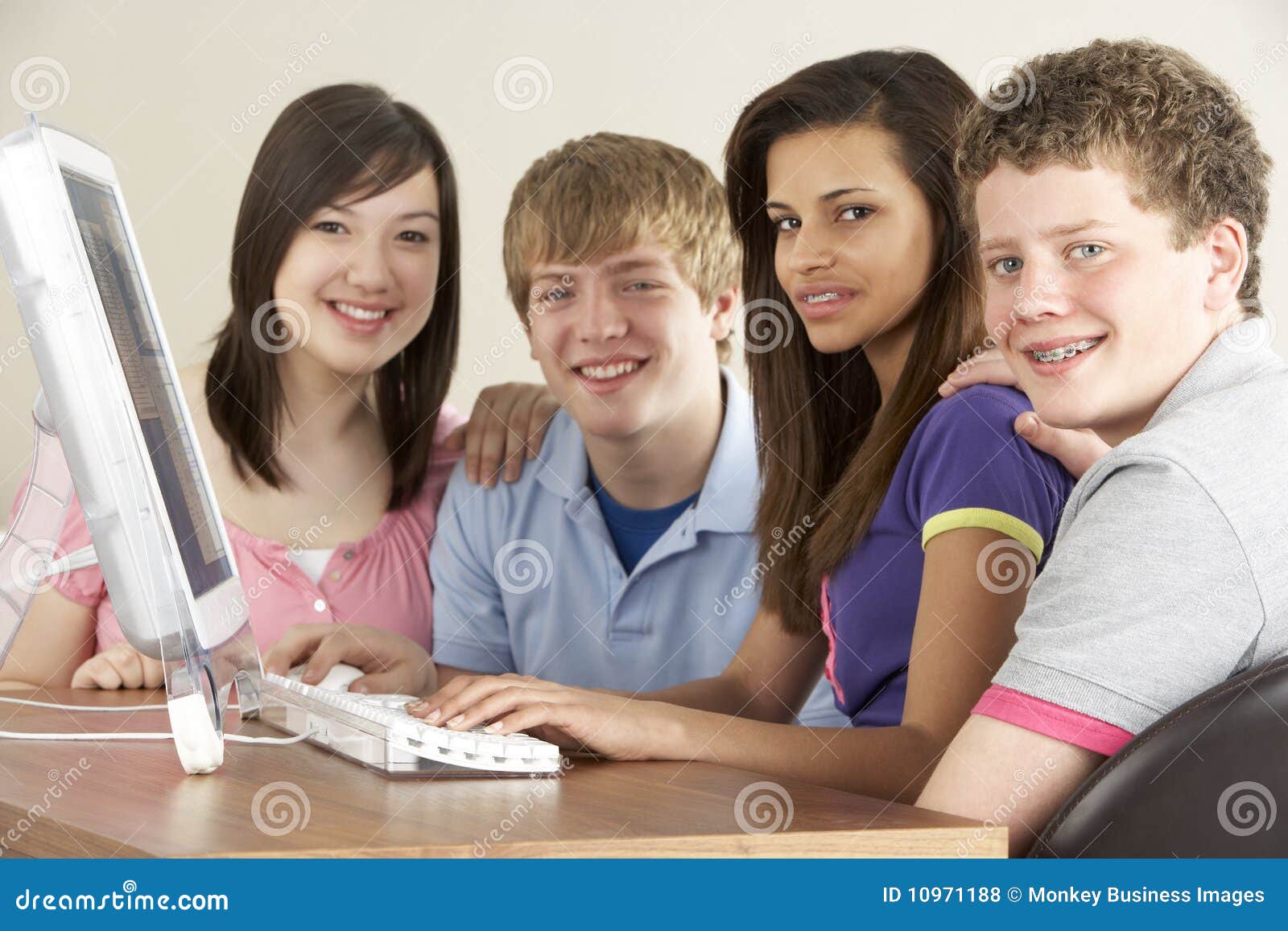 Teenagers on Computer at Home Stock Photo - Image of portrait, cheerful ...