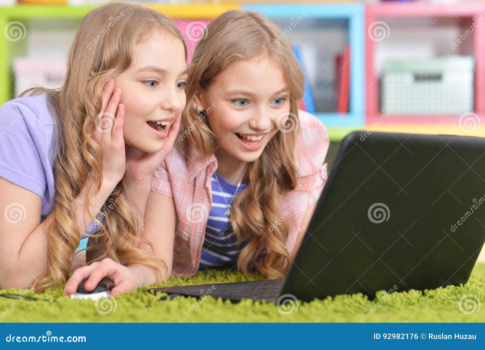 Teenagers Sisters Using Laptop Stock Photo - Image of studying ...