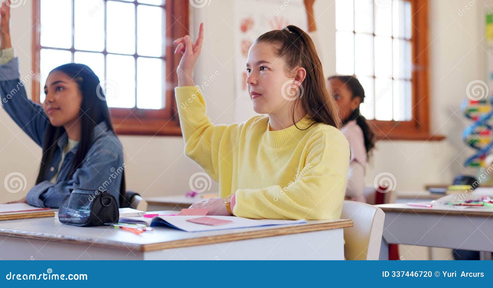 Teenagers, Students and Hands Raised with Question in Classroom for ...