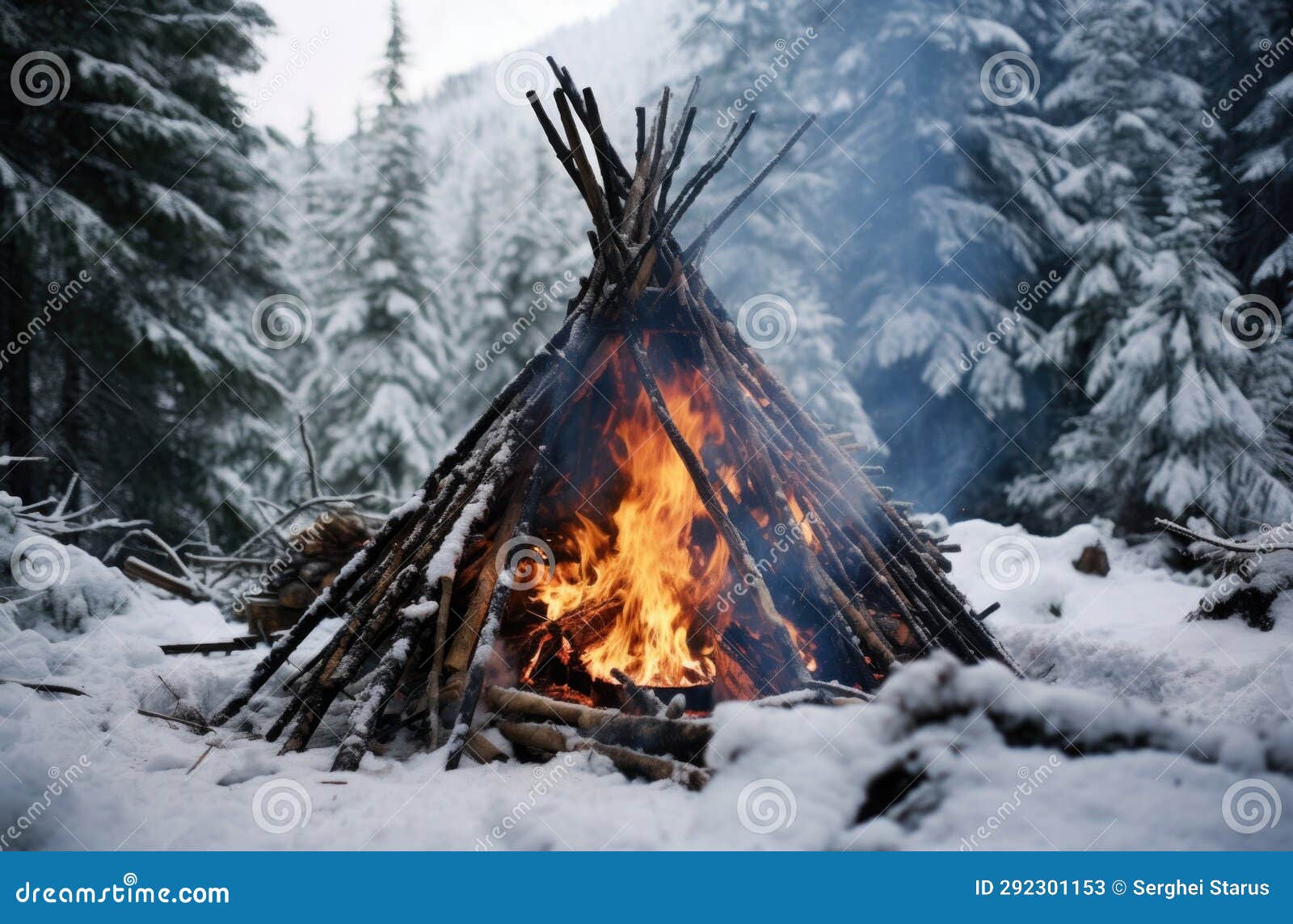 A Teepee is Burning in the Snow. AI Stock Image - Image of nature ...