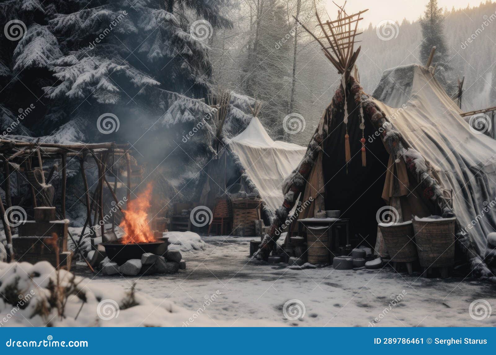 A Teepee is Set Up in the Snow with a Fire. AI Stock Image - Image of ...