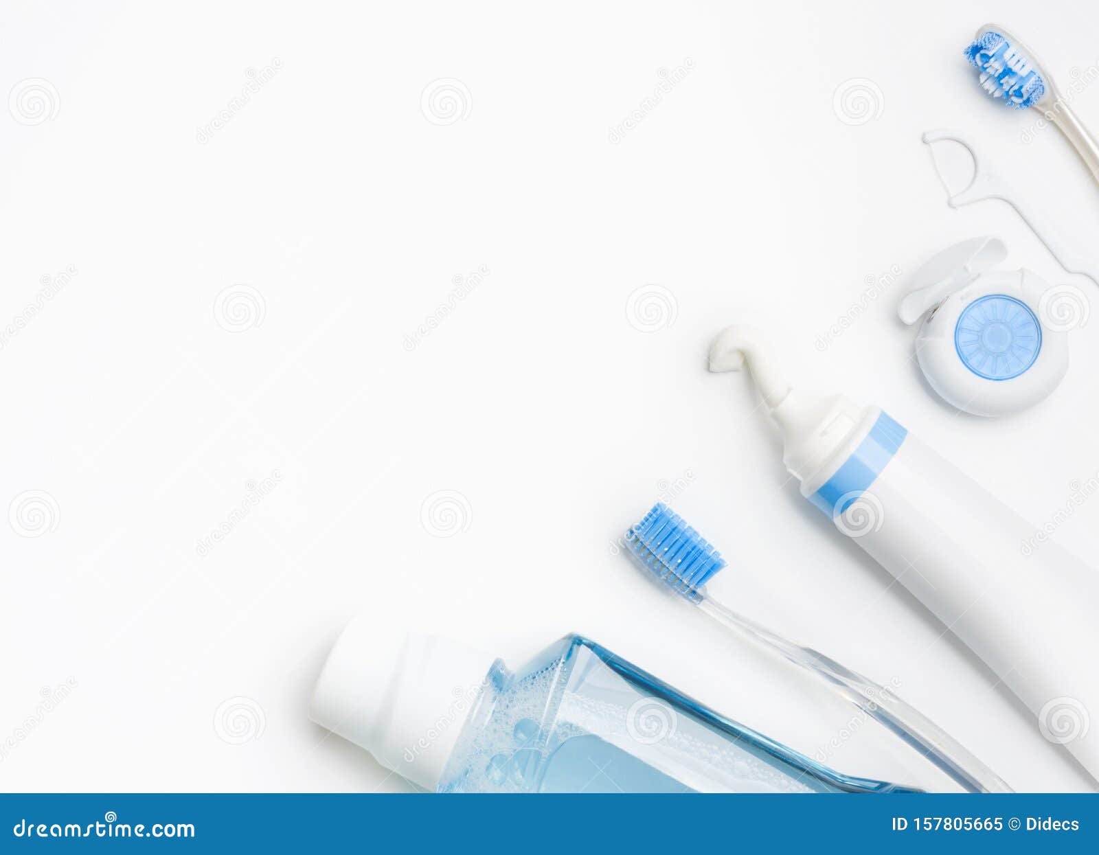 Teeth Brushing Concept with Toothbrush, Toothpaste, Mouthwash and ...