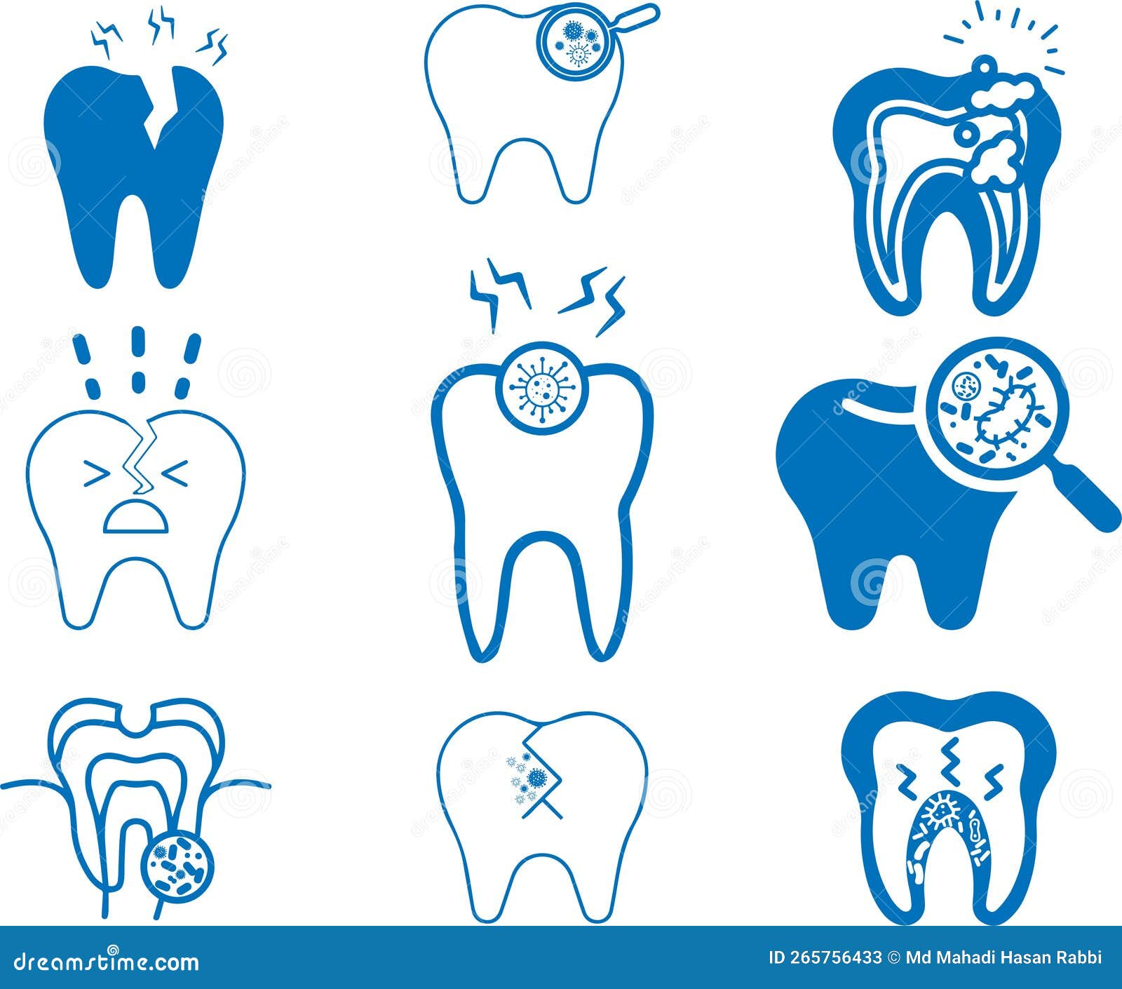 Teeth Infection Icon, Teeth Icon, Dental Problem Blue Vector Icon Set ...