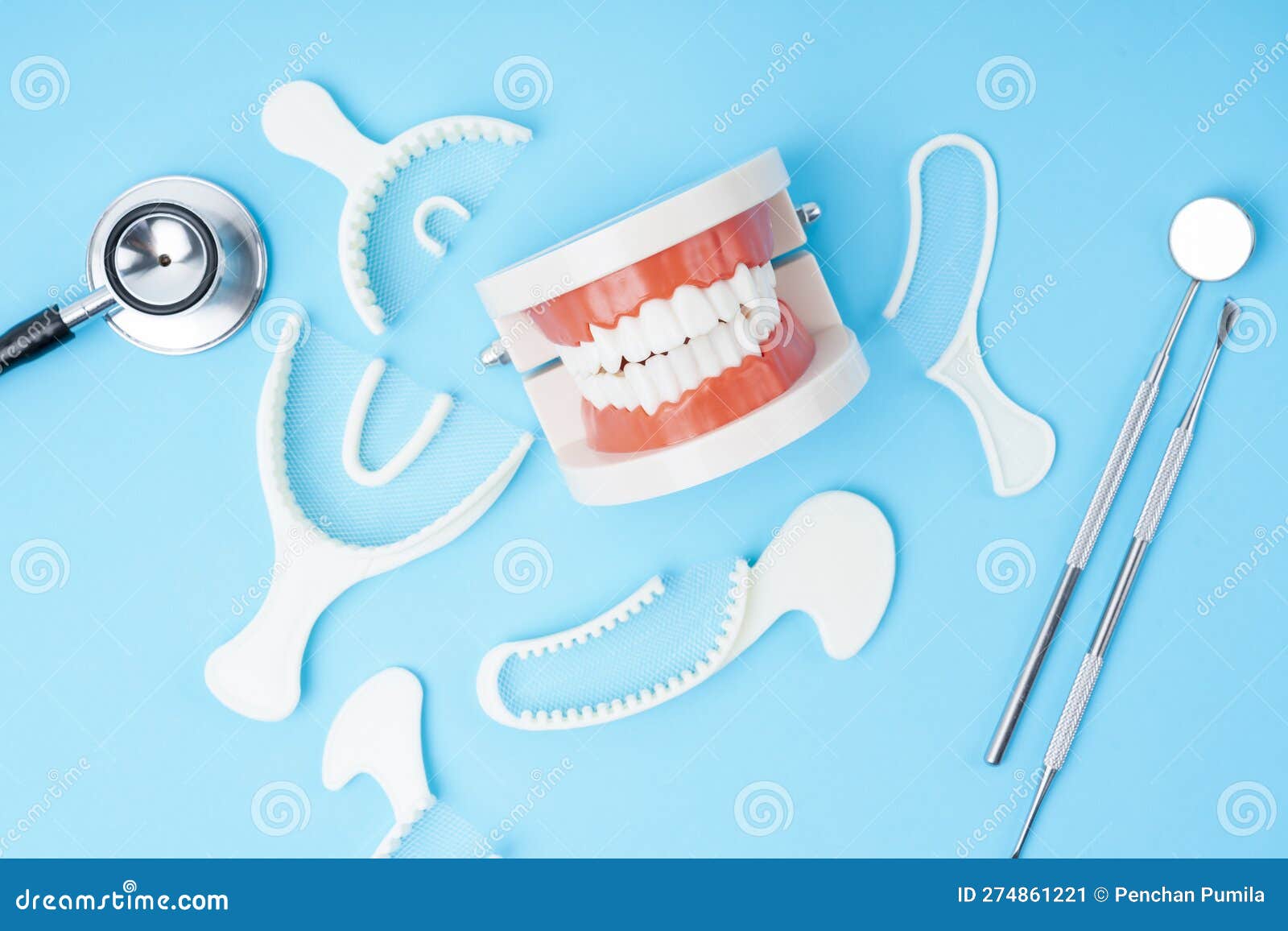 The Teeth Model and Instrument Dental on Blue Background Stock Image ...