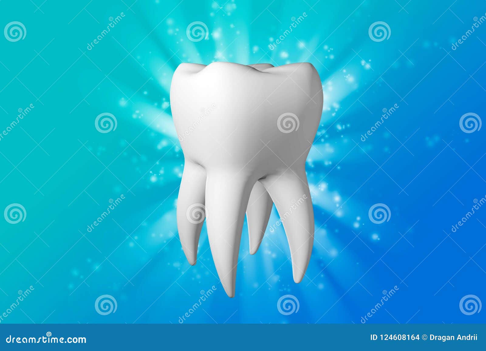 Teeth Whitening. White Tooth with Glowing Rays on Blue-green Stock ...