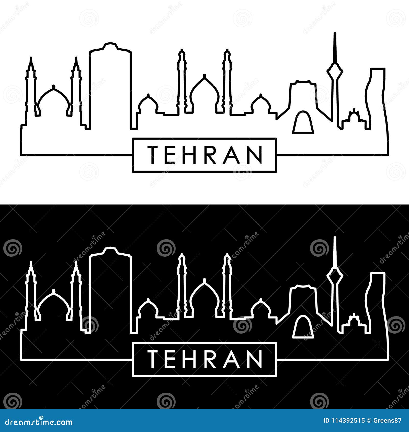 Tehran Famous Buildings, Outline Sketch Vector Illustration ...