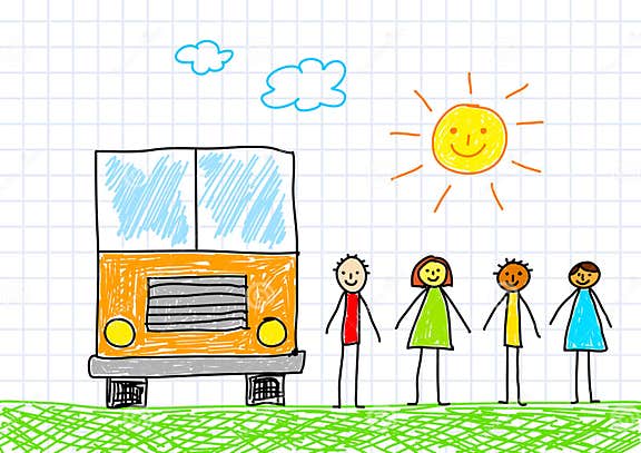 Tekening van schoolbus vector illustratie. Illustration of schets - 23414129