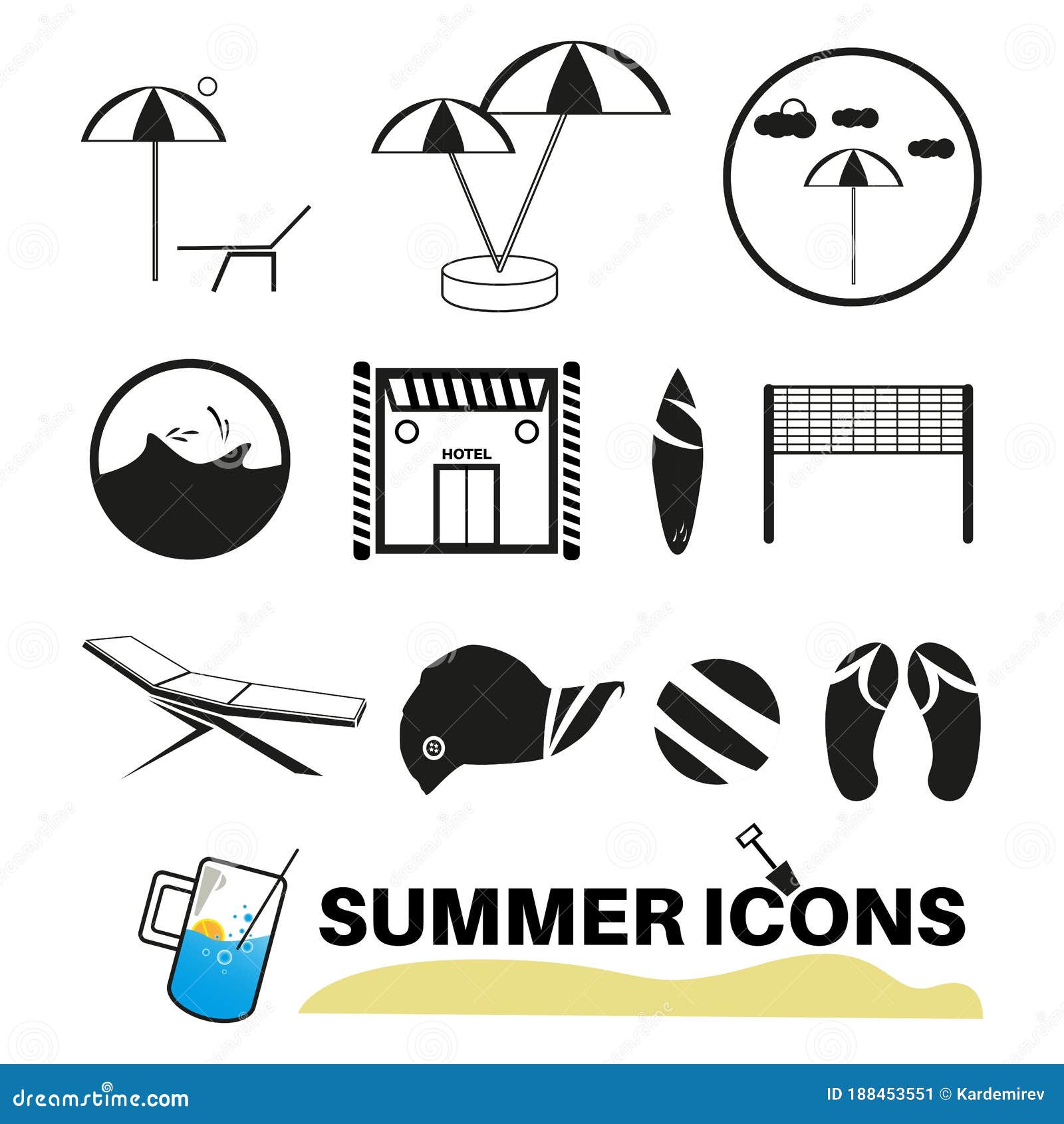 Summer Icons with White Background. Black and White Icons Stock Vector ...