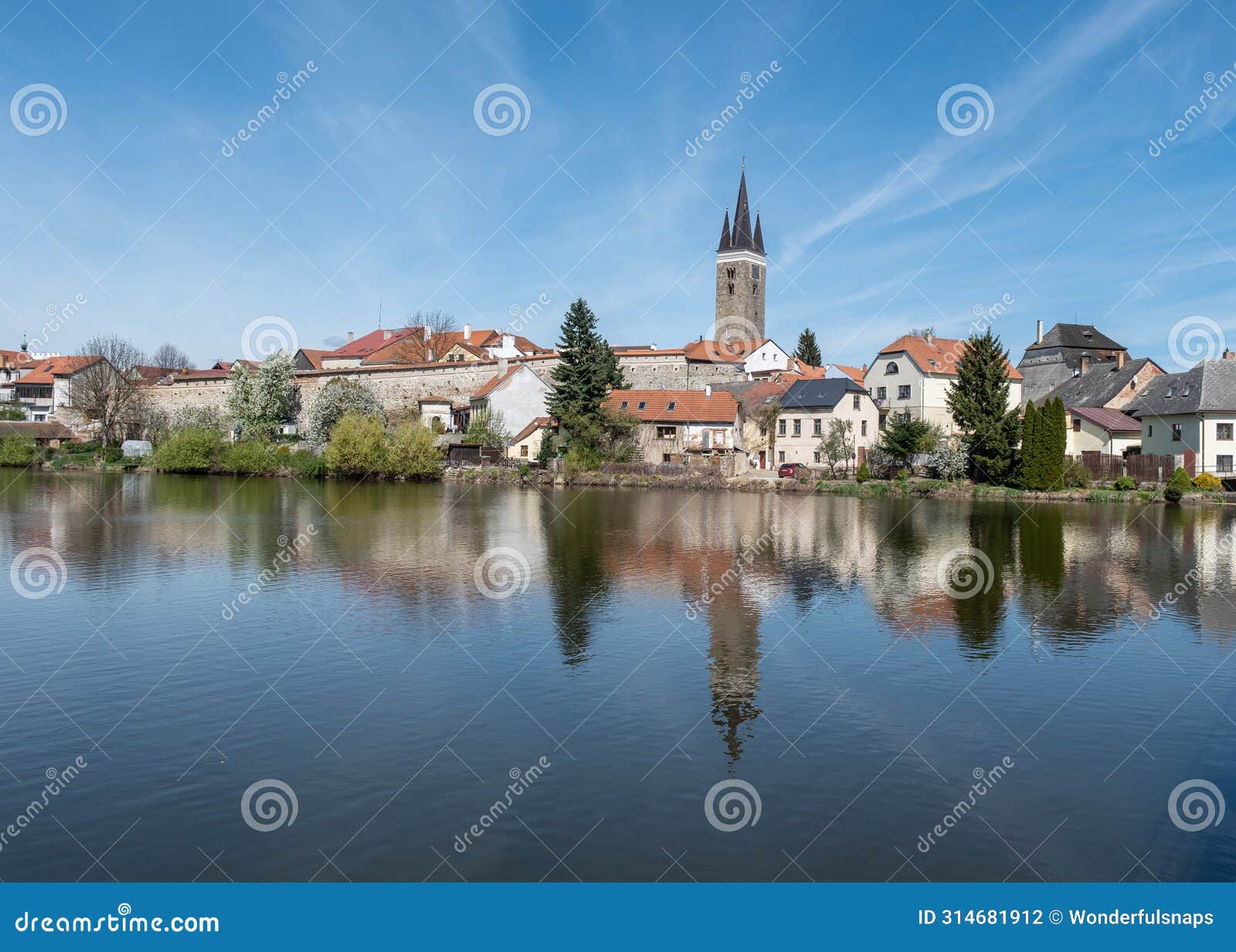 Telc Tower and Houses from Opposite River Bank Stock Photo - Image of ...