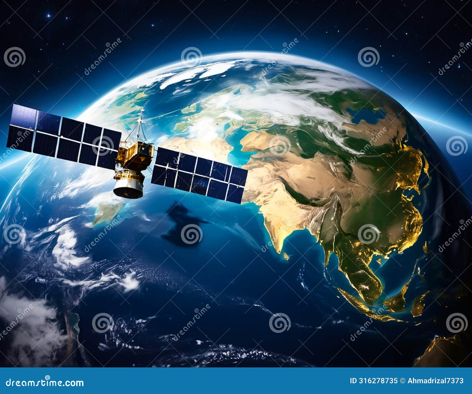 Telecom Communication Satellite Orbiting Around the Earth. Stock ...