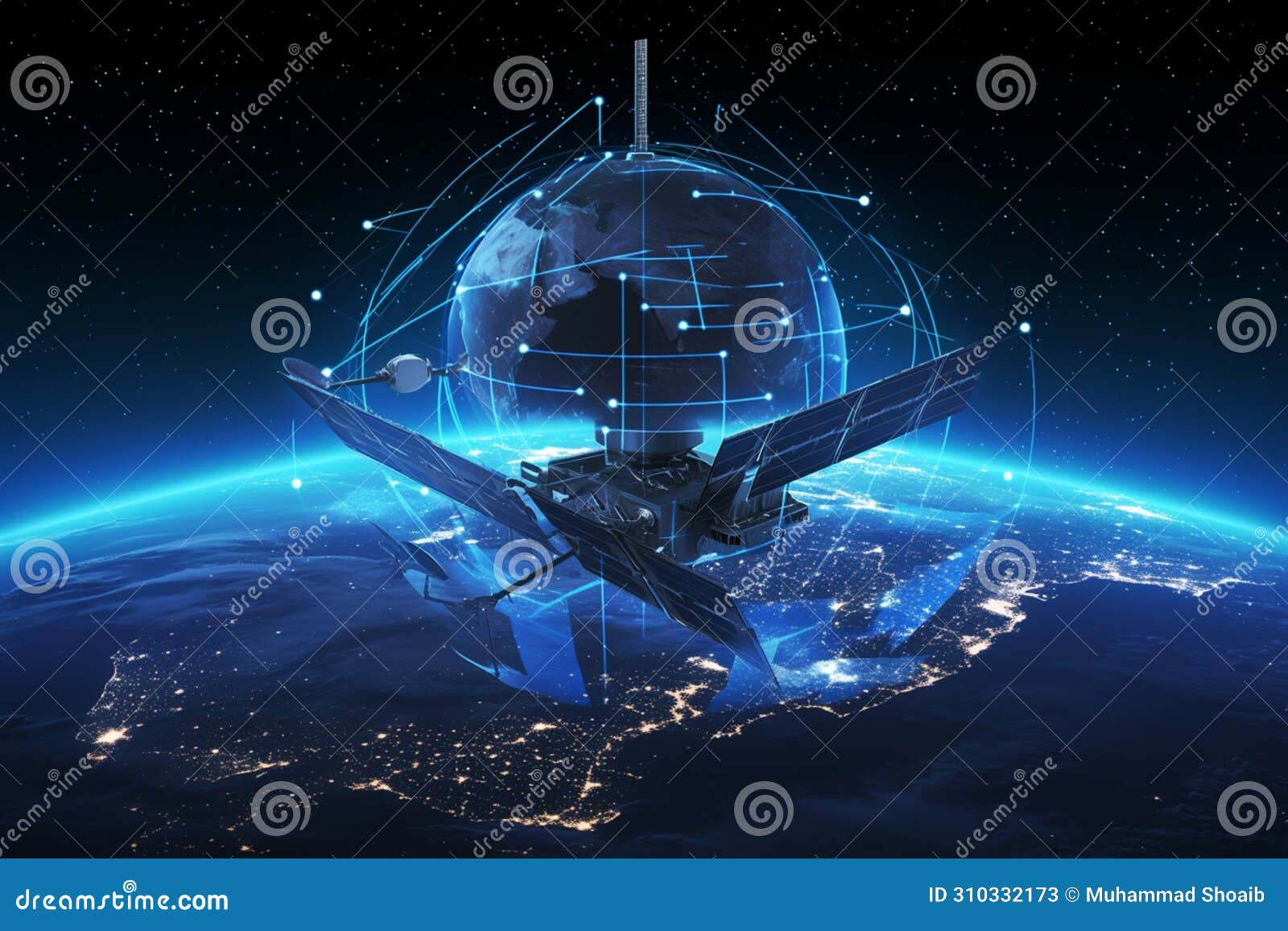 Telecom Satellite Orbits Earth, Projecting Futuristic Data Hologram for ...