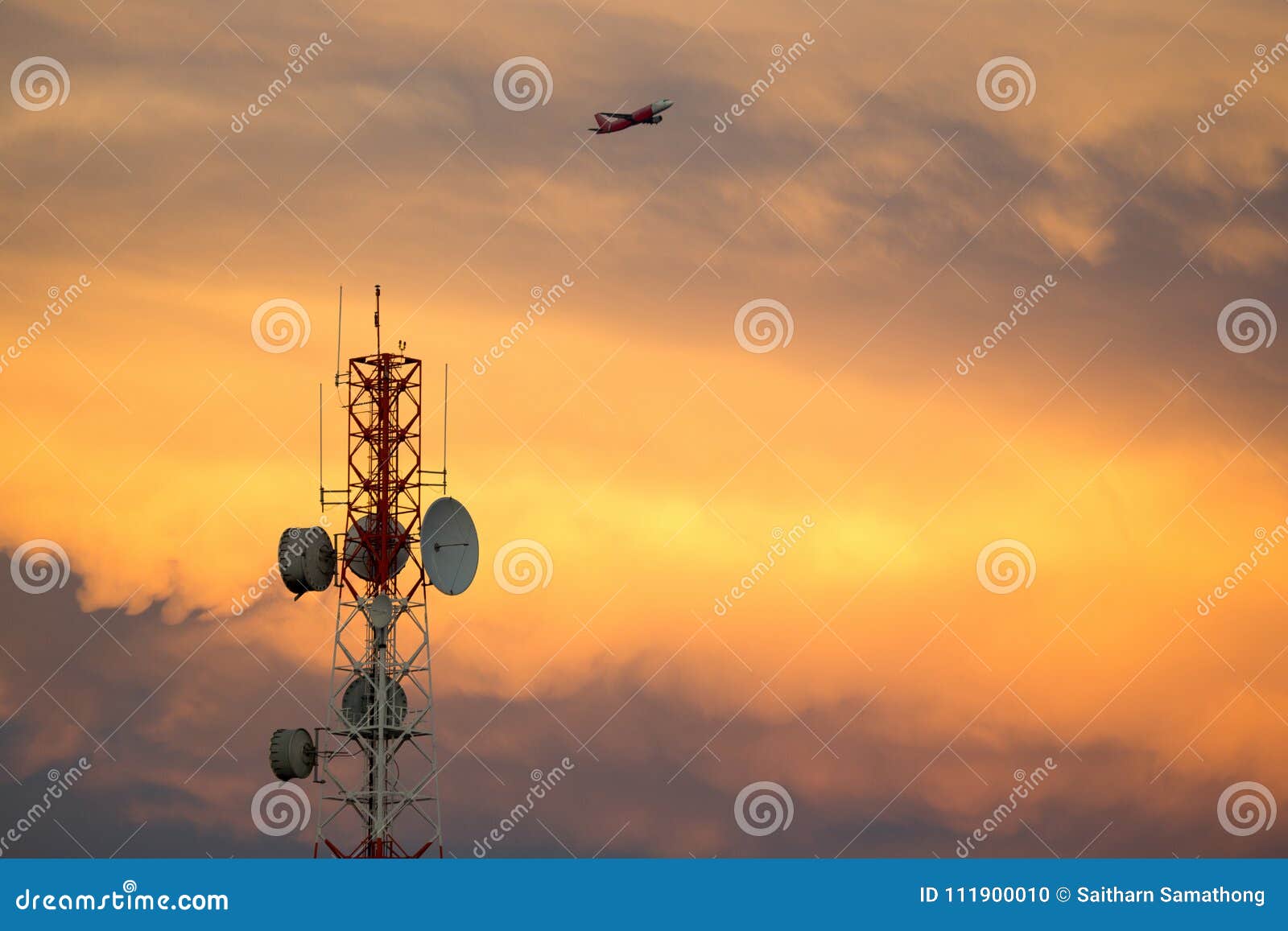 Telecom Signal Tower in Sunset and Plane is Flying through. Stock Photo ...