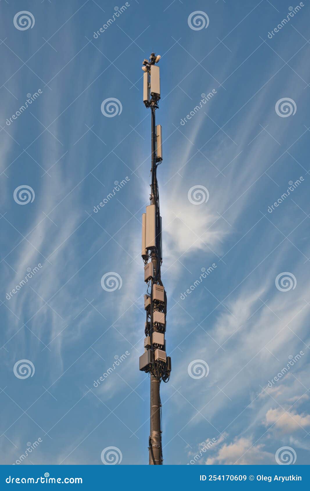 Telecommunication Cell Tower Antenna Against Blue Sky. Wireless ...
